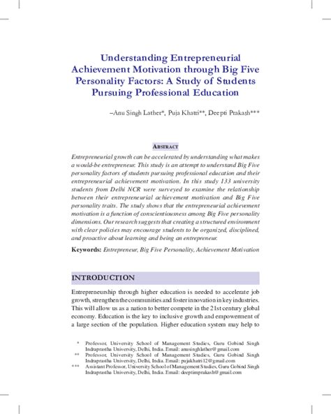 Pdf Understanding Entrepreneurial Achievement Motivation Through Big Five Personality Factors