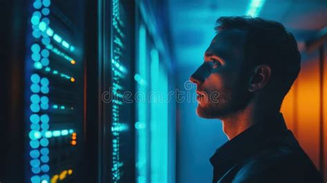 Tech Executive Analyzing Data In A Futuristic Data Center Environment Stock Illustration