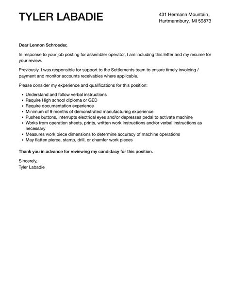 Assembler Operator Cover Letter Velvet Jobs
