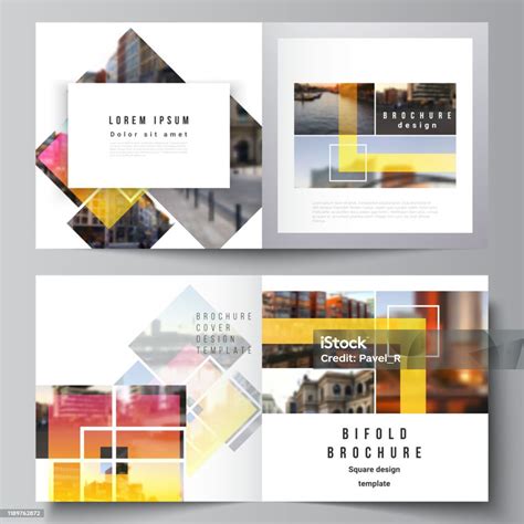 정사각형 디자인 Bifold 브로셔 잡지 전단지 소책자를위한 두 개의 표지 템플릿의 편집 가능한 레이아웃의 벡터 그림 창조적 인 트렌디 한 스타일 모형 블루 컬러 트렌디 한