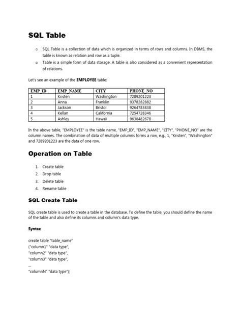 Sql Table Pdf