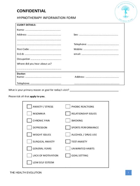 Fillable Online Confidential Hypnotherapy Information Form Fax Email
