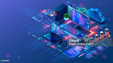 컴퓨터 기술 등대 일러스트레이션 Pc 노트북 책상에 전화 기술 기호 애플 리 케이 션의 디자인 요소 모바일의 프로그래밍 소프트웨어의 개발 환경 데스크톱 컴퓨터 플랫폼 웹