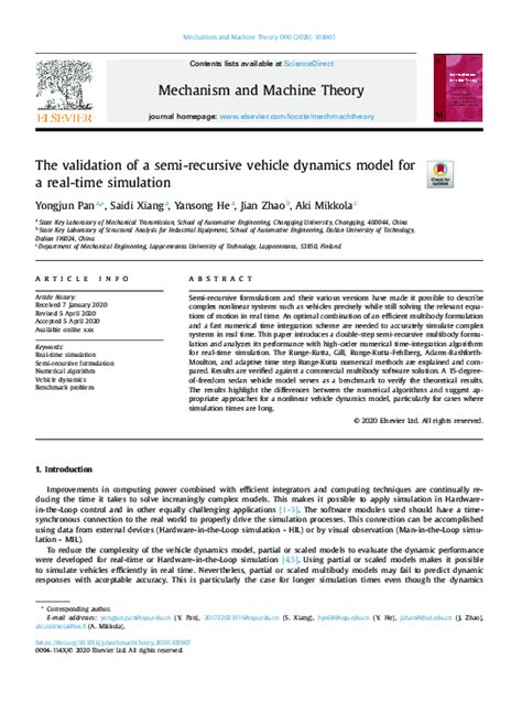 pdf the validation of a semi recursive vehicle dynamics model for a