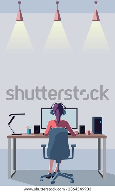 Woman Back View Operating Desktop Computer Stock Vector Royalty Free Shutterstock