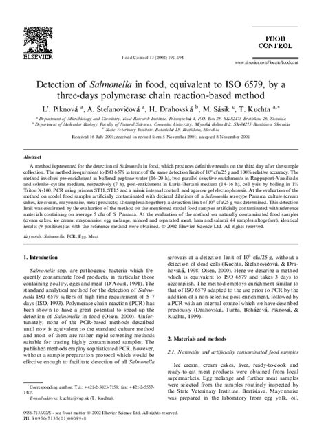 Pdf Detection Of Salmonella In Food Equivalent To Iso 6579 By A Three Days Polymerase Chain