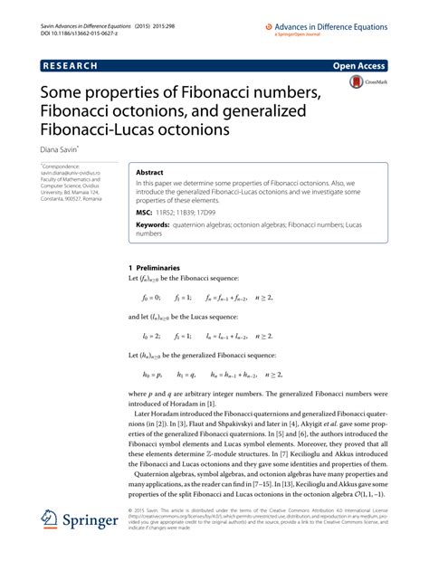 PDF Some Properties Of Fibonacci Numbers Fibonacci Octonions And Generalized Fibonacci Lucas