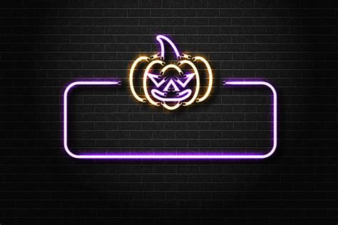현실적인 벡터 고립 장식과 벽 바탕에 취재에 대 한 악한 호박 할로윈 프레임의 네온 사인 해피 할로윈의 개념입니다 10월에 대한 스톡 벡터 아트 및 기타 이미지 Istock
