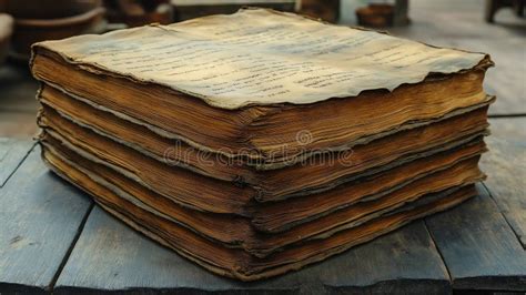 Ancient Stack Of Weathered Manuscripts Lying On A Rustic Wooden Surface