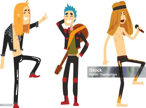 재미 록 뮤지션 캐릭터 록 페스티벌 만화 스타일 벡터 일러스트에 공연 록 밴드 가수에 대한 스톡 벡터 아트 및 기타 이미지 가수 노래 농어 물고기 Istock