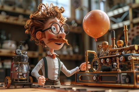 Un Inventor De Dibujos Animados En 3d Junto A Una Máquina Salvajemente