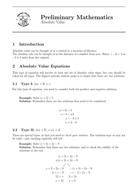 preliminary mathematics absolute value pdf equations elementary