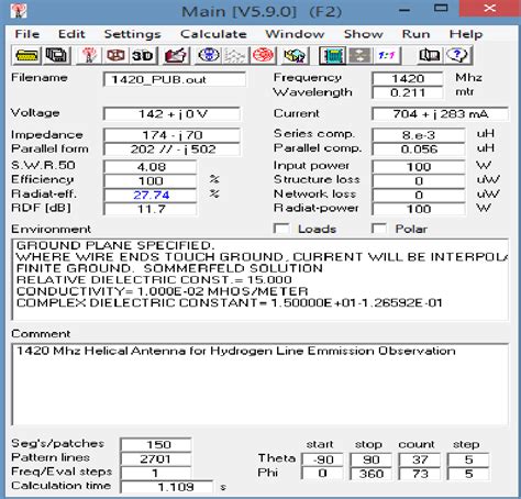 main window screenshot of 4nec2 simulation output window parameters