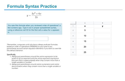 Solved Formula Syntax Practice 3x² 6x 2x Y You Saw This