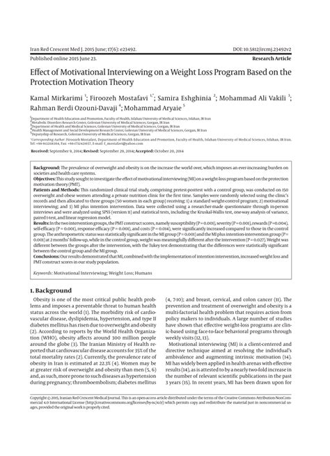 Pdf Effect Of Motivational Interviewing On A Weight Loss Program Based On The Protection