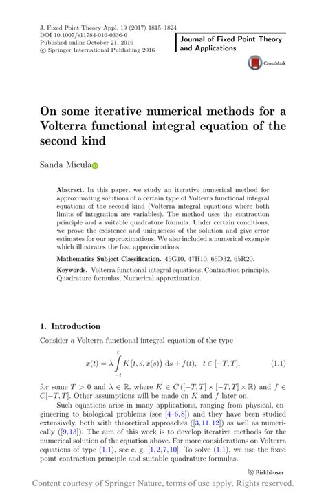 On Some Iterative Numerical Methods For A Volterra Functional Integral Equation Of The Second