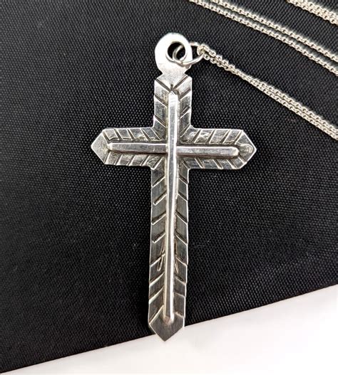 Vintage Large Sterling Silver Cross Pendant Necklace 1970s Mens
