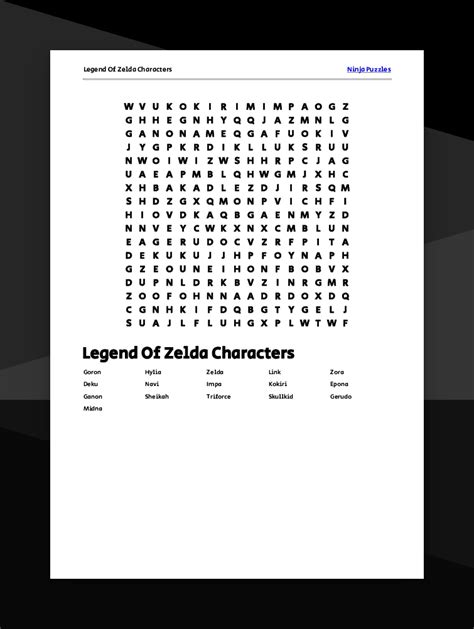 Free Printable Legend Of Zelda Characters Themed Word Search Puzzle