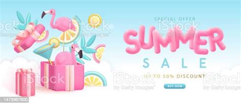 여름 큰 판매 타이포그래피 포스터 3d 플라스틱 텍스트 플라밍고 및 선물 상자 여름 배경입니다 벡터 그림입니다 3차원 형태에