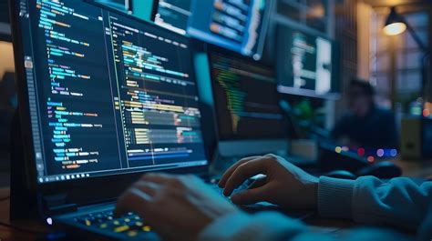 Premium Photo Cuttingedge Tech Professional Coding Vibrant Uiux Designs On Dual Monitors