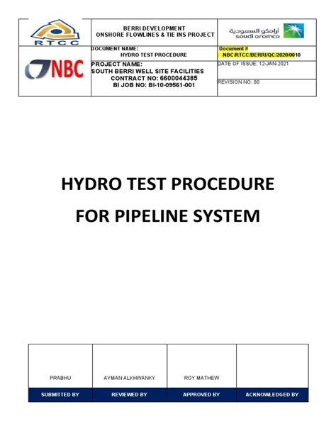 Hydrostatic Testing Procedure For The Berri Development Onshore