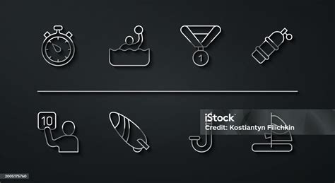 세트 라인 스톱워치 심사 위원 평가 Aqualung 스노클링 서핑 보드 수구 윈드 서핑 및 메달 아이콘 벡터 0명에 대한 스톡 벡터 아트 및 기타 이미지 Istock