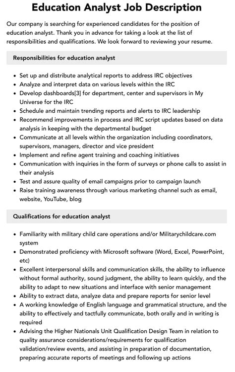 Education Analyst Job Description Velvet Jobs