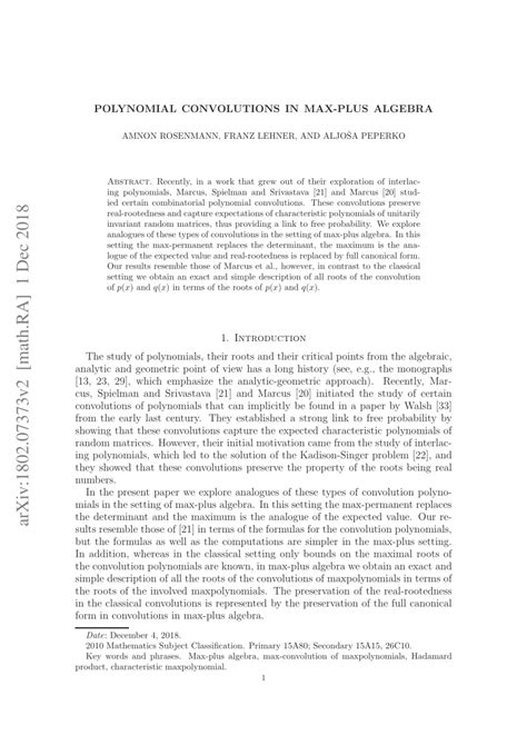 Pdf Polynomial Convolutions In Max Plus Algebra