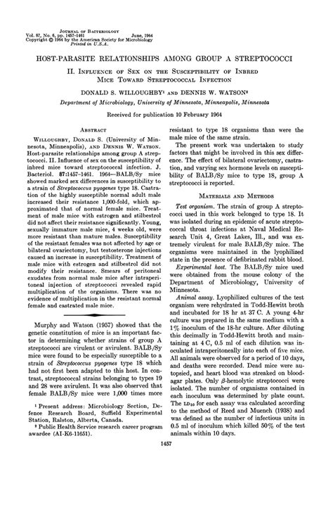 Host Parasite Relationships Among Group A Streptococci Ii Influence Of Sex On The