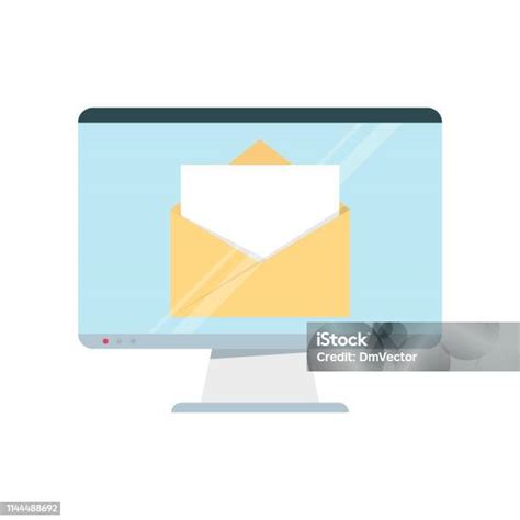 봉투 및 화면에 문서와 데스크톱 Pc 전자 메일 이메일 마케팅 인터넷 광고 개념 노랑에 대한 스톡 벡터 아트 및 기타 이미지 노랑 우편 우편함 Istock