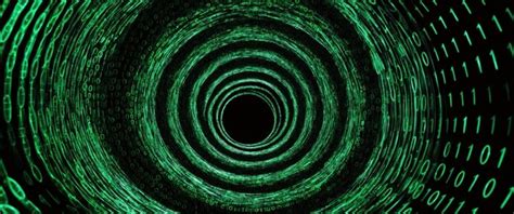 a spiraling vortex of green binary code on a black background evoking