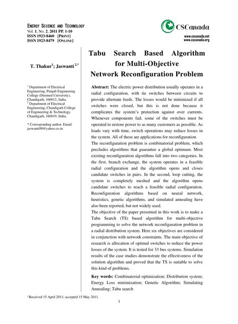 Pdf Tabu Search Based Algorithm For Multi Objective Network Reconfiguration Problem