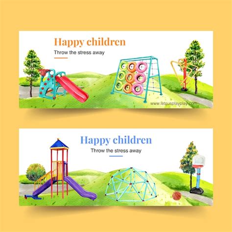프레임 수채화 그림을 등반 슬라이드 놀이터 배너 디자인 무료 벡터