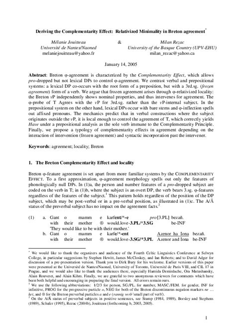 Pdf Deriving The Complementarity Effect Relativized Minimality In Breton Agreement