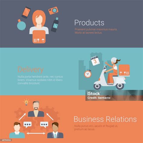 평면 스타일 웹사이트 슬라이더 배너 제품 배달 비즈니스 관계 파트너십 개념 웹 인포 그래픽 여성 아바타 프로필 자전거 박스 배송 사업가 연결 벡터 일러스트 레이 션 기업