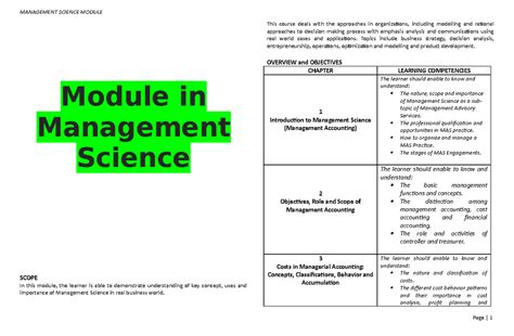 Chapter Introduction Module In Management Science SCOPE In This Module The Learner Is Able