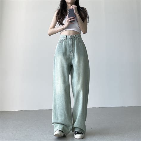 핏시 [~3xl 얇은원단] 나오하 그린틴 와이드 데님 팬츠 위시버킷