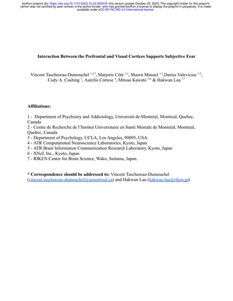 Pdf Interaction Between The Prefrontal And Visual Cortices Supports Subjective Fear