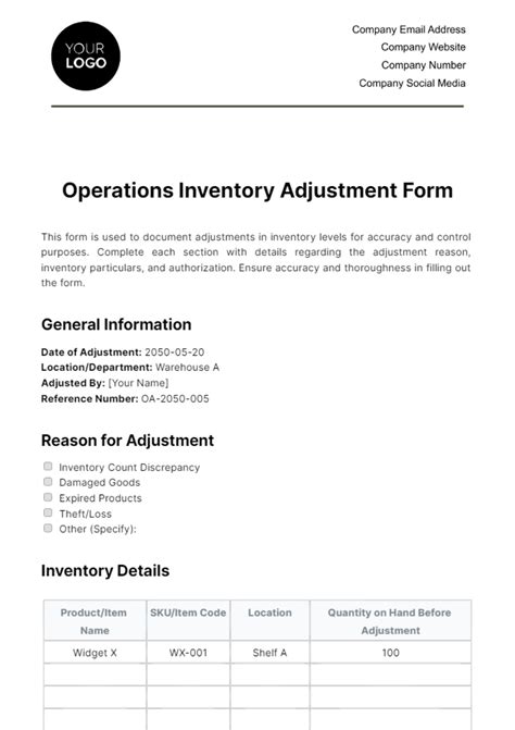 Free Operations Inventory Adjustment Form Template To Edit Online