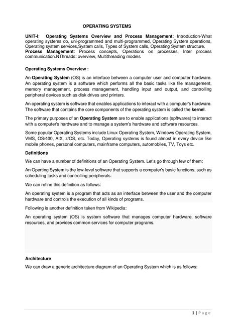 Os Unit I Notes Operating Systems Operating Systems Unit I Operating Systems Overview And