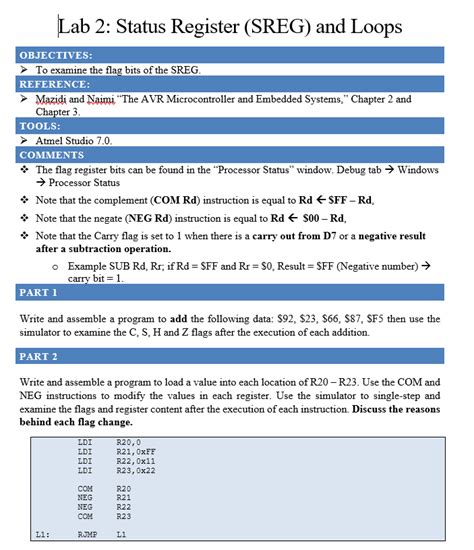 solved lab 2 status register sreg and loops i objectives