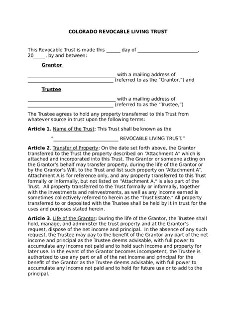 Colorado Revocable Living Trust Blank Fillable Template Fill Out Print And Download Pdf