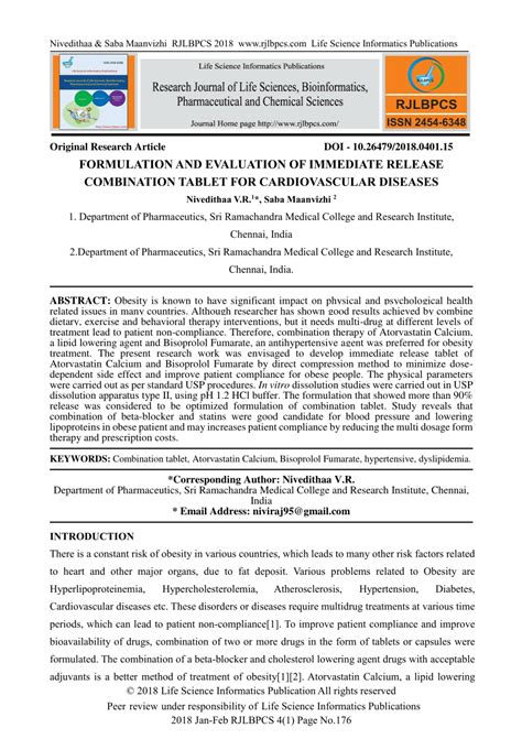 Pdf Formulation And Evaluation Of Immediate Release Combination Tablet For Cardiovascular Diseases