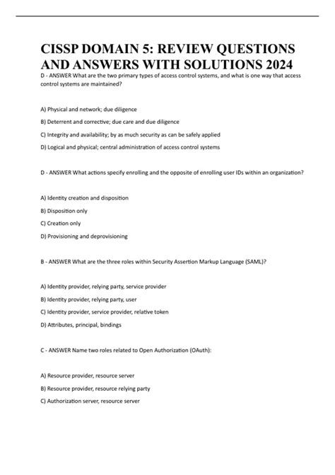 CISSP DOMAIN REVIEW QUESTIONS AND ANSWERS WITH SOLUTIONS CISSP Stuvia US