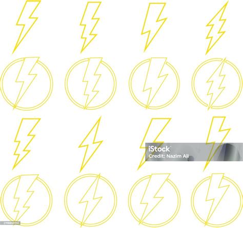 옐로우 라인 번개 전력 벡터 디자인 요소 편집 가능한 스톡을 설정합니다 에너지와 천둥 전기 상징 개념입니다 서클에 플래시 볼트 기호 개념에 대한 스톡 벡터 아트 및 기타