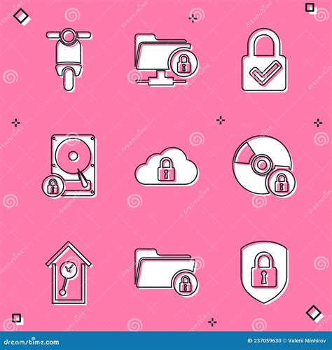 Set Scooter Ftp Folder And Lock Lock Check Mark Hard Disk Drive Cloud Computing And Cd Or