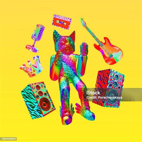 미니멀 한 양식에 일치시키는 콜라주 아트3d 재미있는 캐릭터 키티 록 스타 Dj 음악 파티 컨셉 Dj에 대한 스톡 사진 및 기타 이미지 Istock