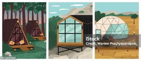 자연 속에서 글램핑과 캠핑 벡터 포스터 세트 야외 레크리에이션을 위한 고급 A프레임 하우스 유리 및 버블 하우스 여행 우리의 문과 모험 개념 통나무집에 대한 스톡 벡터 아트