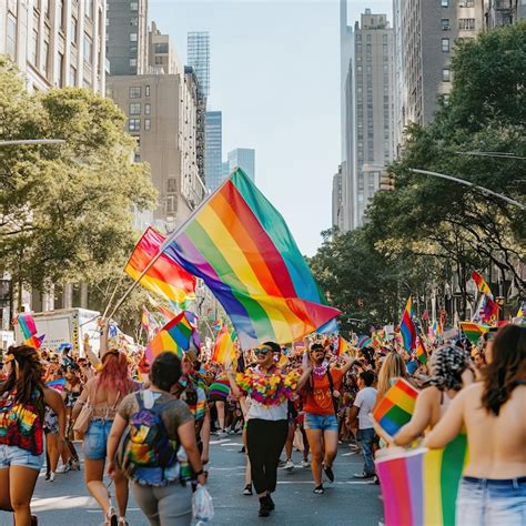 Colorful And Vibrant Pride Parade With Rainbow Flags In The City Ai Generated Image Premium Ai