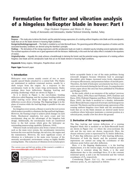 Pdf Formulation For Flutter And Vibration Analysis Of A Hingeless Helicopter Blade In Hover